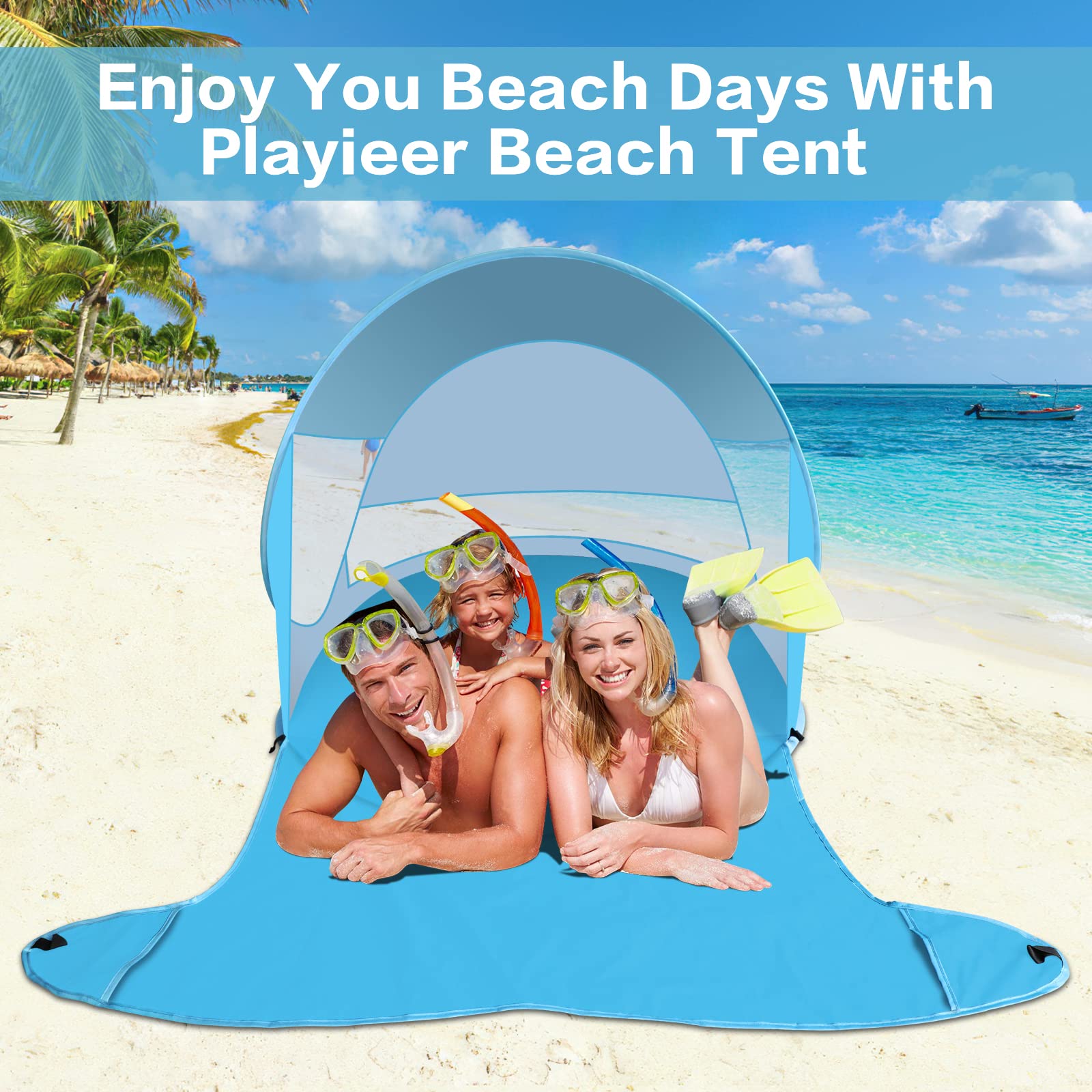 Beach Tent, Large Automatic Instant Pop Up Beach Shade, UPF 50+ Portable Sun Shelter Anti UV Beach Umbrella Baby Tent with Carrying Bag Fit for 2 Person