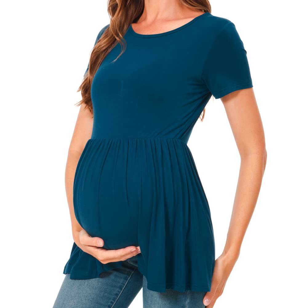 Bearsland Maternity Tops Short Sleeve Scoop Neck Maternity Shirt Pregnancy Clothes,Bean green & light purple & light pink,L