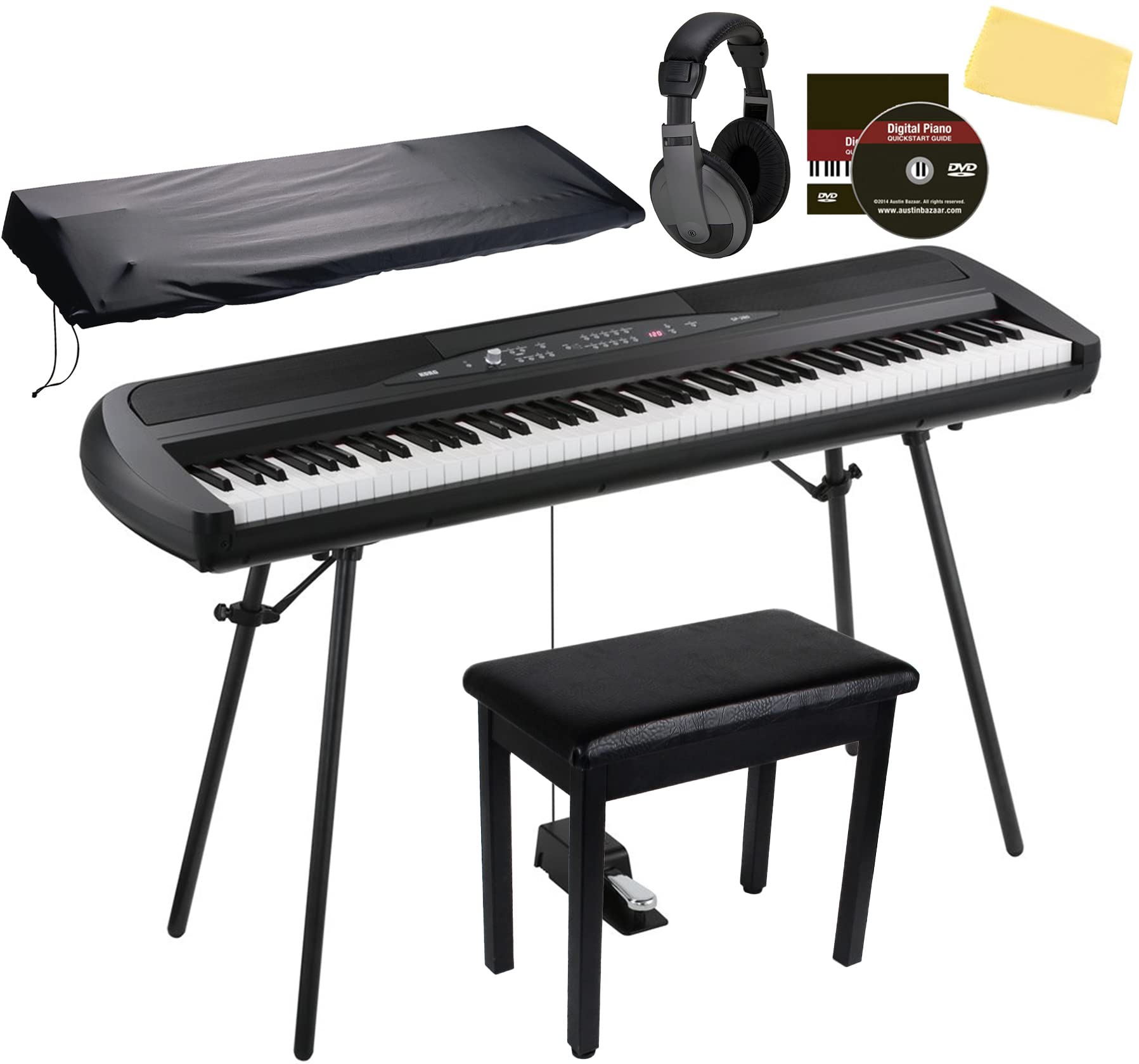 Korg SP-280 Digital Piano - Black Bundle with Furniture Bench, Pedal, Headphones, Dust Cover, Austin Bazaar Instructional DVD, and Polishing Cloth
