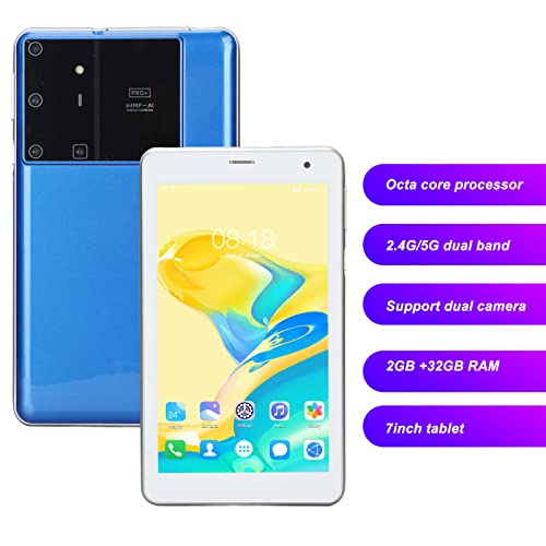 Cuifati 7 Inch Tablet PC, 2G RAM 32G ROM, HD Display, 5G WiFi Dual Band Dual Camera Tablet PC with Dual Card Slot, Support 128GTF Card, for Android 9.0(Blue)
