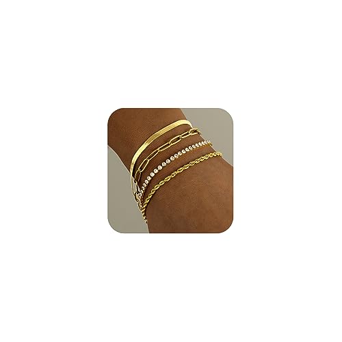 Gold Link Bracelets Sets for Women Girls, 14K Gold Plated Dainty Classic Adjustable Paperclip Layered Bracelets, Fashion Simple Chain Tennis Bracelet with Zirconia, Jewelry Gifts.