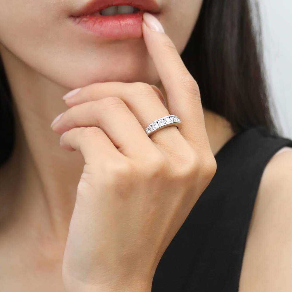 BERRICLE Sterling Silver Wedding Rings Channel Set Asscher Cut Cubic Zirconia CZ Anniversary Half Eternity Ring for Women, Rhodium Plated Size 7