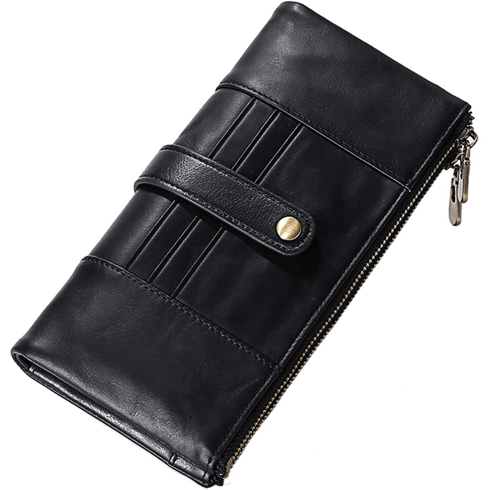 KELEEL Womens RFID Wallets Slim Cow Leather Large Capacity Bifold Purse Multi Card Case Wallet with Dual Zipper Pockets (Black)