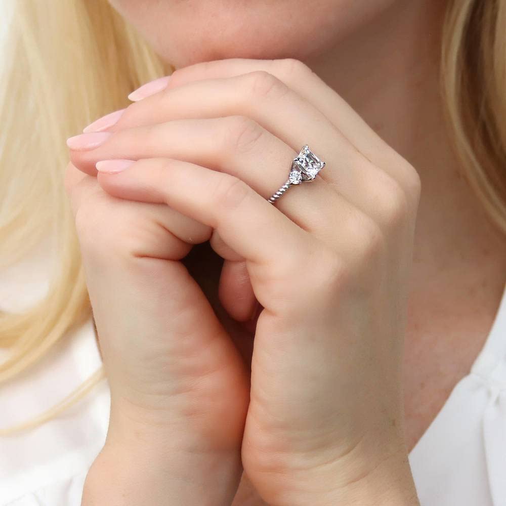 BERRICLE Sterling Silver 3-Stone Wedding Engagement Rings Princess Cut Cubic Zirconia CZ Woven Ring for Women, Rhodium Plated Size 5
