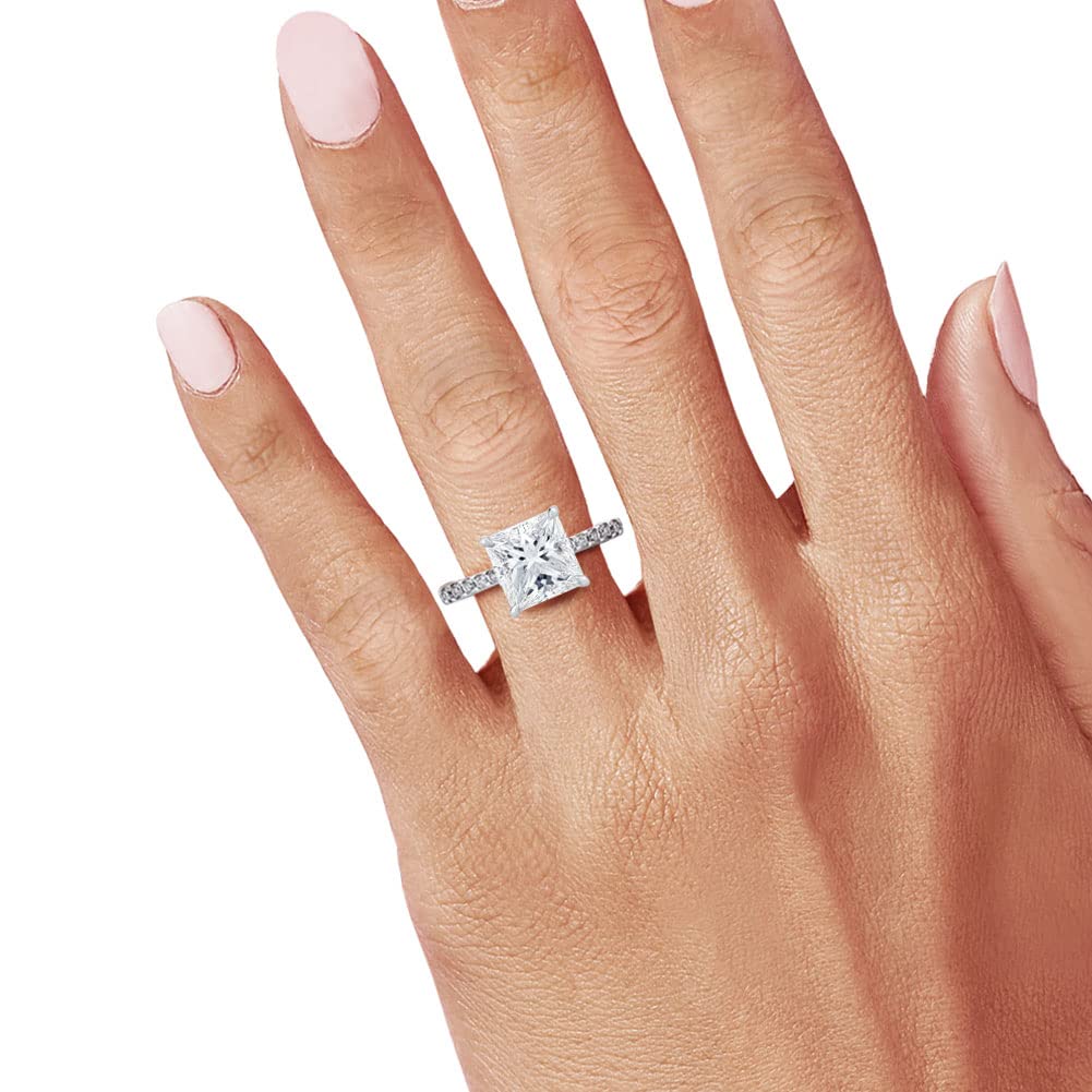 Bo.Dream Princess Cut Cubic Zirconia Engagement Rings for Women Platinum Plated Sterling Silver Promise Gift Size 5