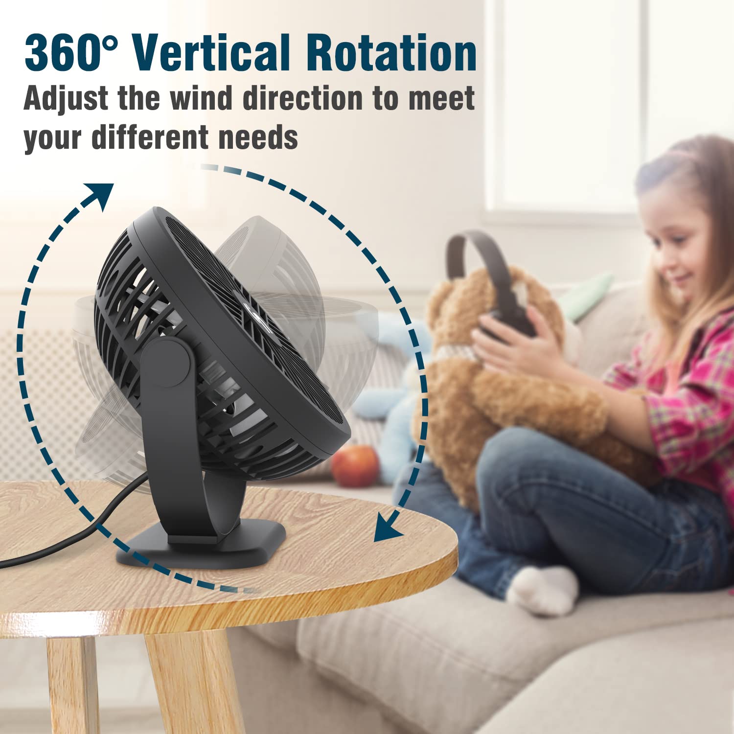 WayToLight 5.3 Inch Small Desk Fan with LED Light, 3 Speeds, USB Powered Table Fan, 360° Rotation Desktop Fan, Ultra Quiet, Mini Personal Fan for Office,Table, Study, Bedroom