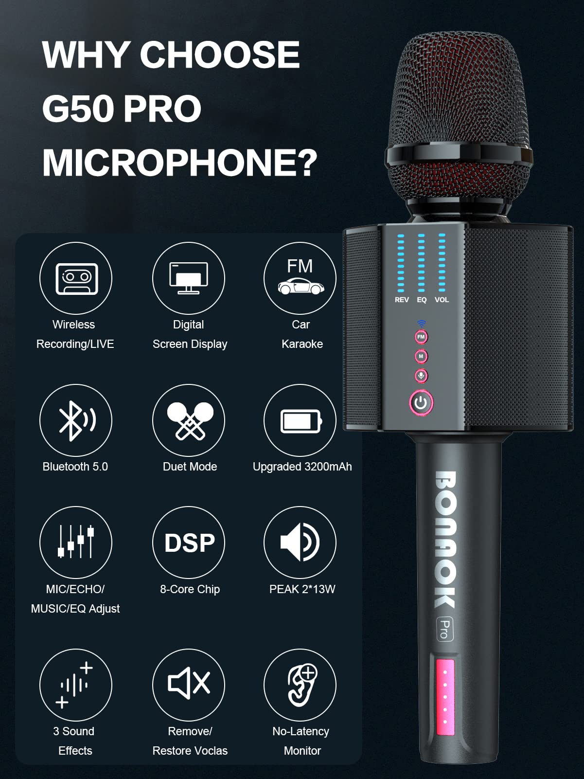 BONAOK Bluetooth Wireless Karaoke Microphone, Portable Karaoke Machine Mic & Speaker System for Smartphone Wireless Recording/Live Streaming/Indoor/Outdoor/Party/Car G50 PRO