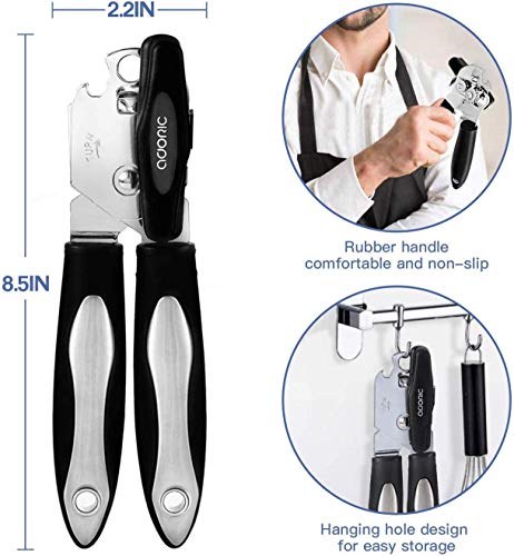 Can Opener, Stainless Steel Manual Can Opener, Food-Safe, Multifunctional Bottle Openers with Non-Slip Handle & Oversized Turn Knob, Smooth Edge, Ultra Sharp Cutting for Seniors with Arthritis