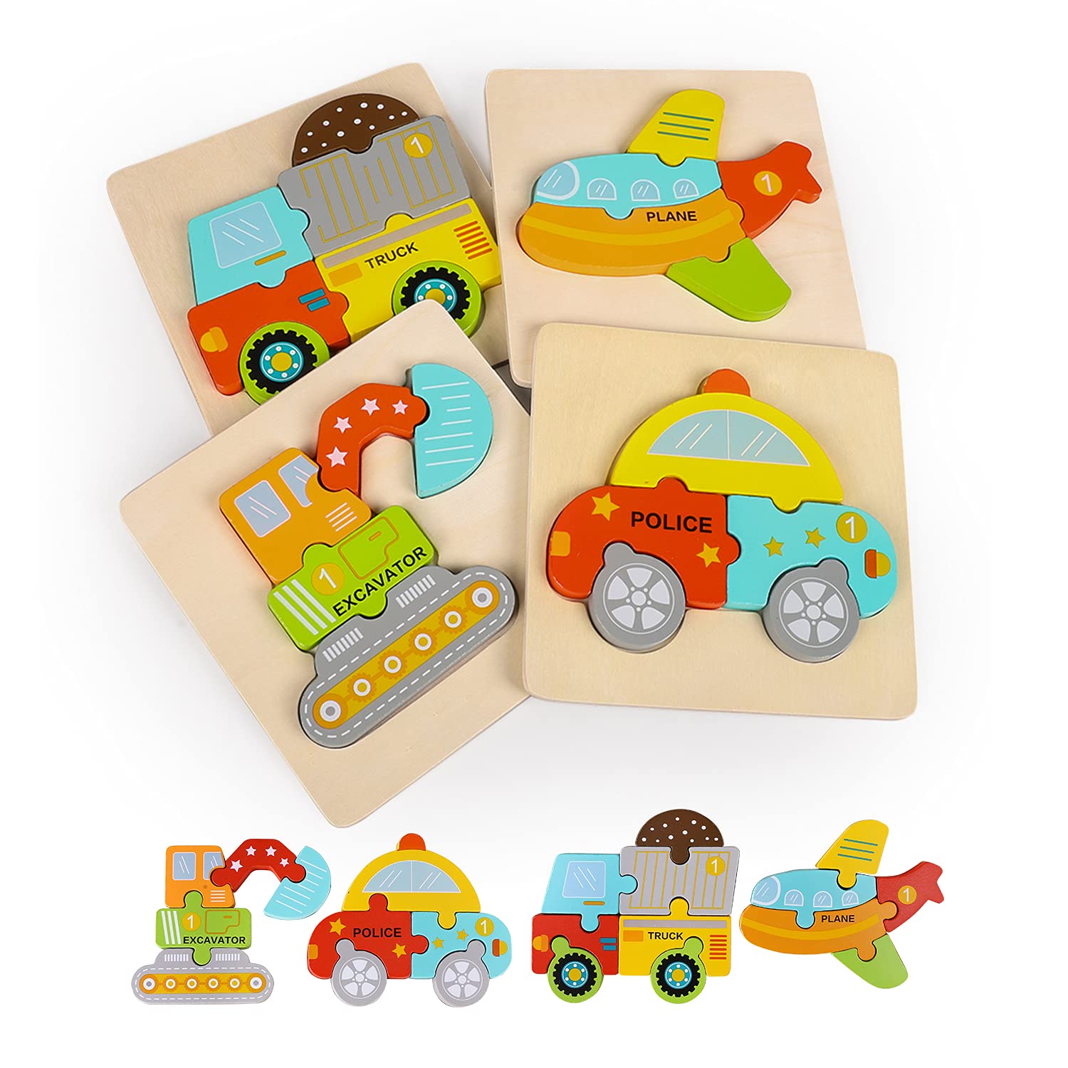 Phoohi Wooden Puzzles for Toddlers 1-3 Years 4pcs Vehicle Traffic Puzzles Early Learning Educational Montessori Preschool Wooden Toys for 2 Year Old Boys Gift