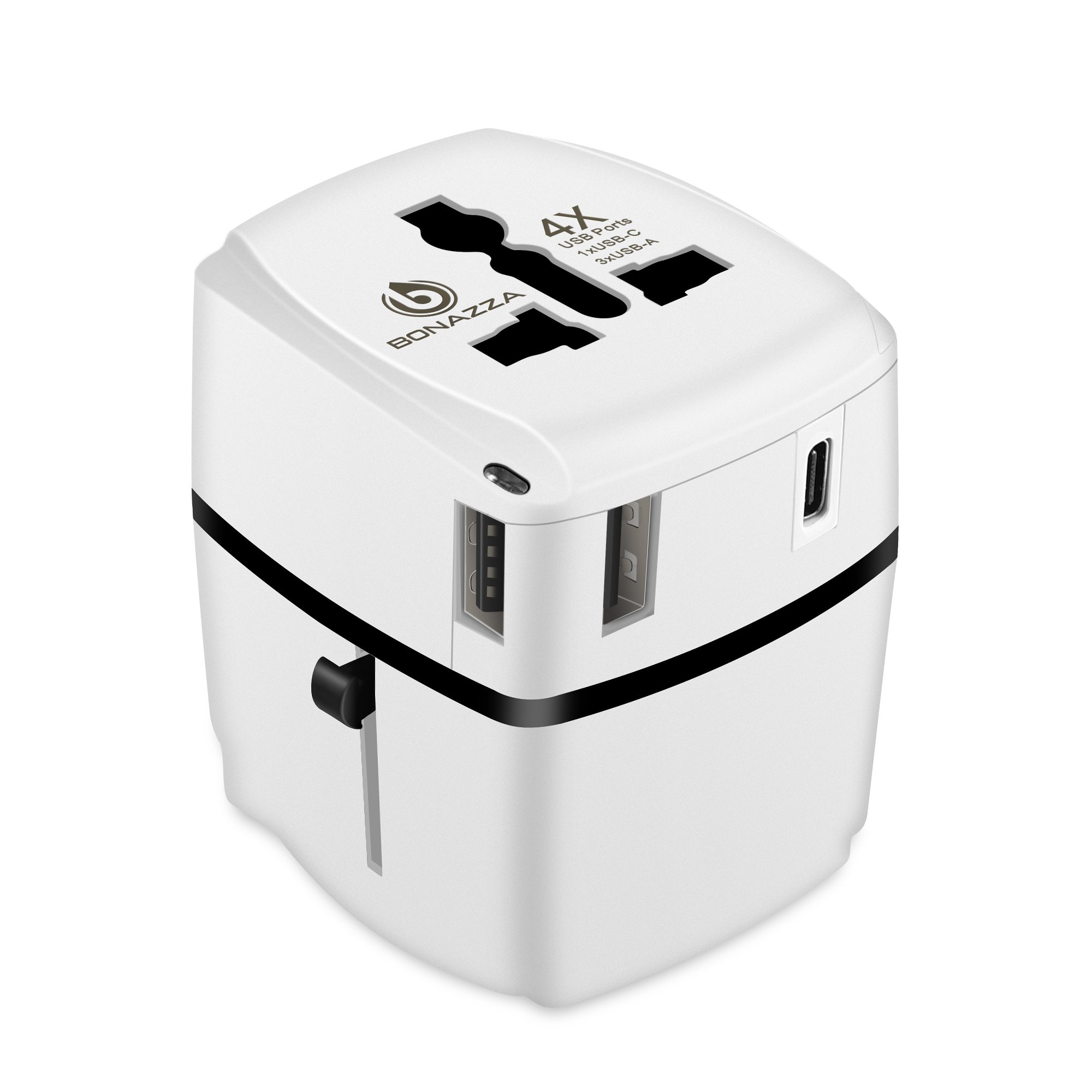 BONAZZA Universal World Travel Adapter Kit with 4 USB Ports - UK, US, AU, Europe All in One Plug Adapter - Over 150 Countries & USB Power Adapter for iPhone, Android, All USB Devices (White)