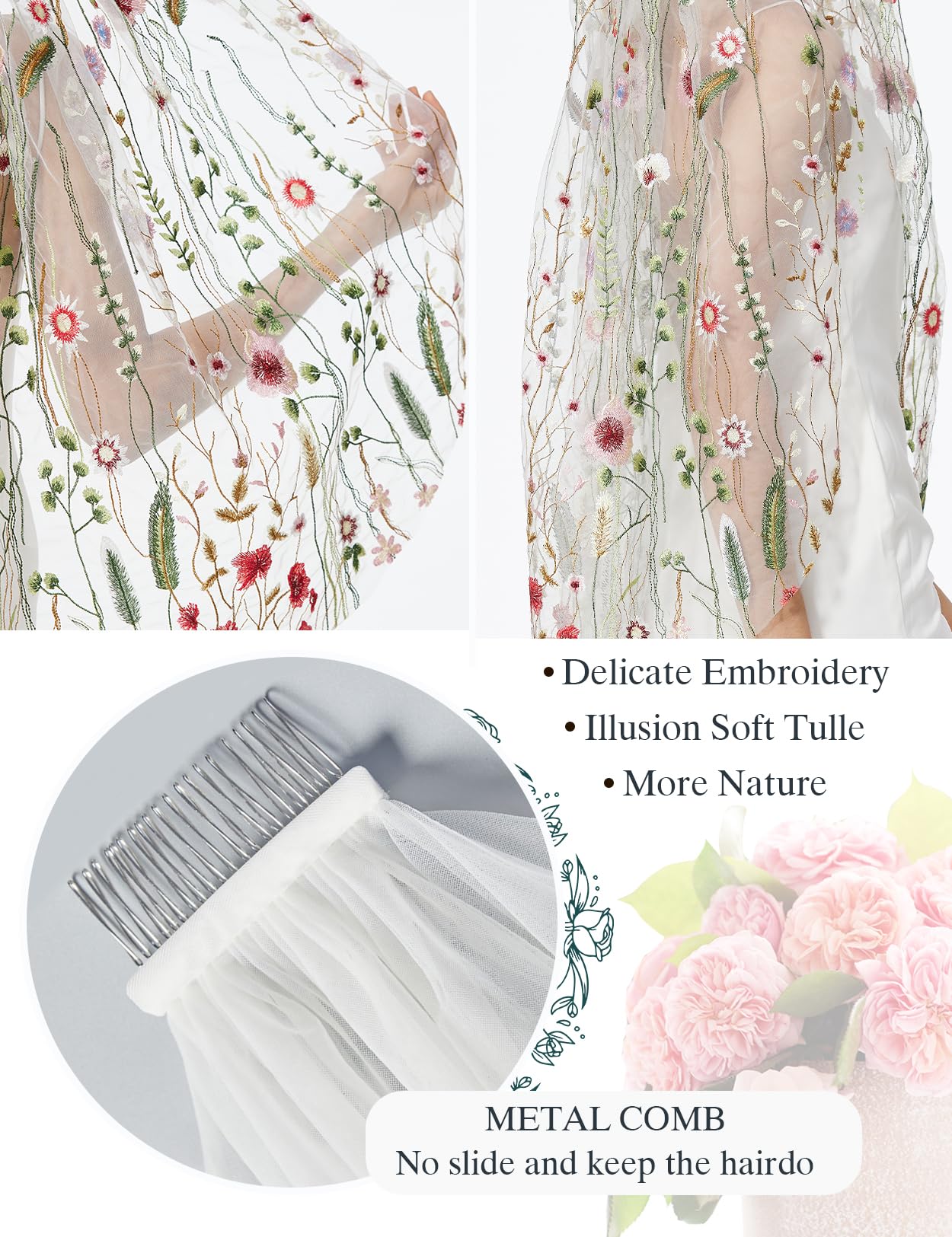 BEAUTELICATE 1 Tier Wedding Bridal Veil Exquisite Embroidered Secret Garden Veil With Comb