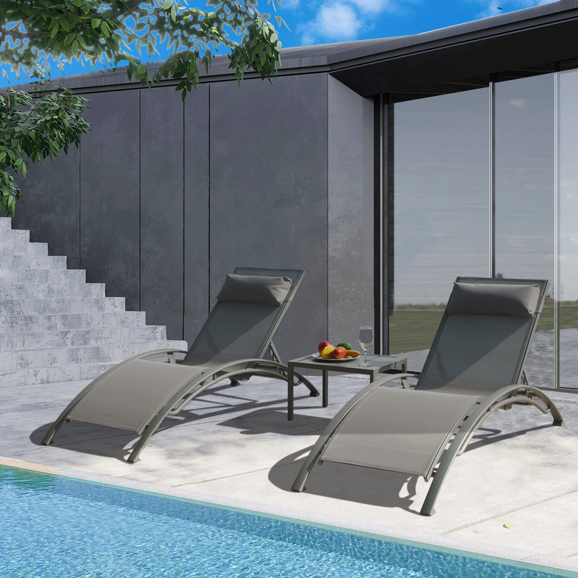 Domi Outdoor Chaise Lounge Set of 3 Patio Recliner Chairs with Adjustable Backrest and Removable Pillow for Indoor&Outdoor Beach Pool Sunbathing Lawn Gray