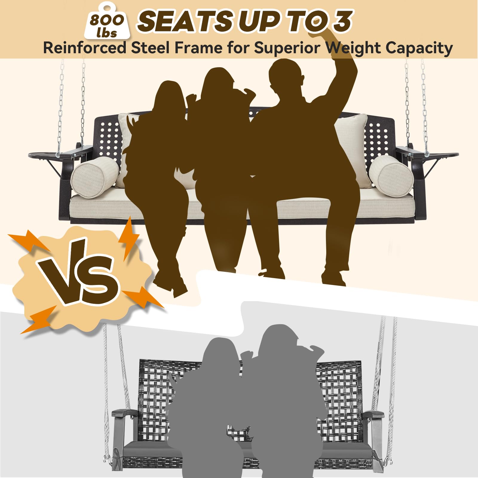 Yalissey 3 Seat Hanging Porch Swing, Patio Swing Bench with Tea Trays & 3 Back Cushions, Swing Chair with Chains for Deck Garden Backyard (Beige)