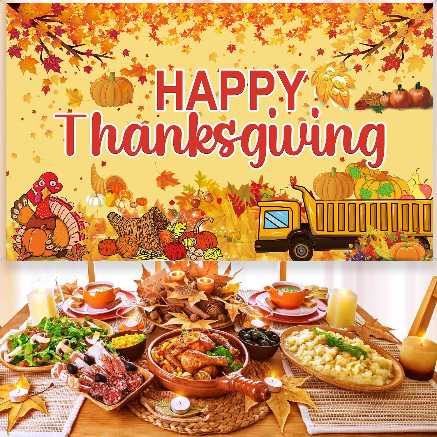 Famoby HAPPY Thanksgiving Fabric Sign Poster Banner Backdrop and Pumpkin Turkey maple leaf Pattern for Thanksgiving Day Photo Booth Background Party Decoration