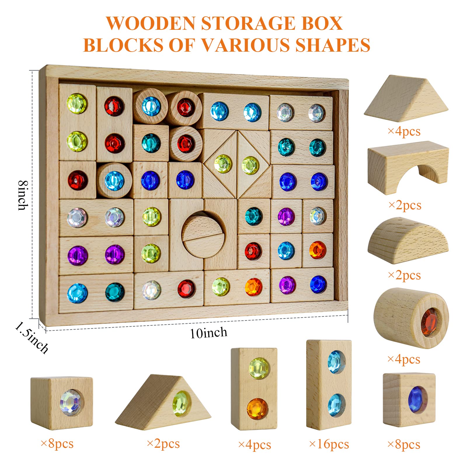 Wooden Building Blocks with 50 Pcs Rainbow Stacker Sensory Blocks Stacking Game Construction Building Toys Set Preschool Construction Color Block Learning Educational Toys for 3-5 Toddlers Boys Girls