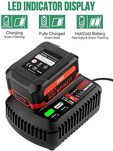CMCB104 V20 Battery Fast Charger Replacement for Craftsman V20 Craftsman 20V max Lithium Compact Batteries Lithium Battery CMCB202 CMCB204 CMCB206 with 2 USB Ports