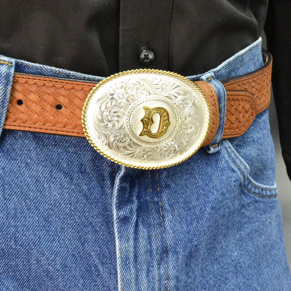 Montana Silversmiths Initial Silver Engraved Gold Trim Western Belt Buckle (D)