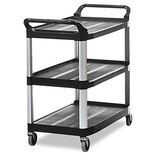 Rubbermaid Commercial Products Heavy Duty 3-Shelf Rolling Service/Utility/Push Cart, 200 lbs. Capacity, Black, for Foodservice/Restaurant/Cleaning/Workplace