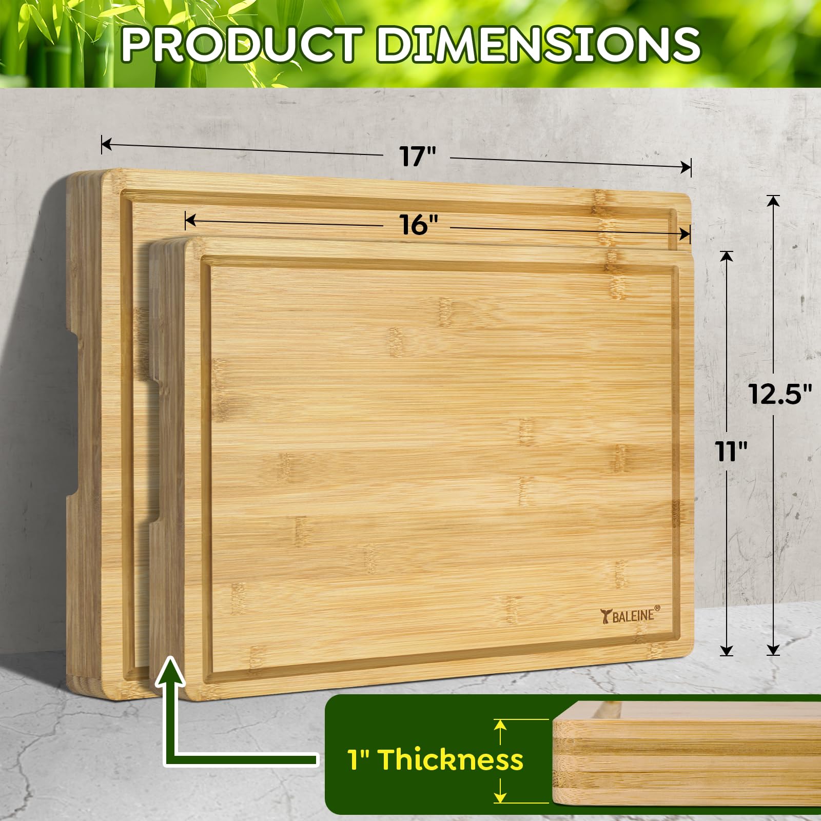 BALEINE Large Bamboo Cutting Board, 1” Extra Thick Cutting Boards for Kitchen, Wood Cutting Board with Integrated Juice Grooves and Handles (16" x 11" x 1")