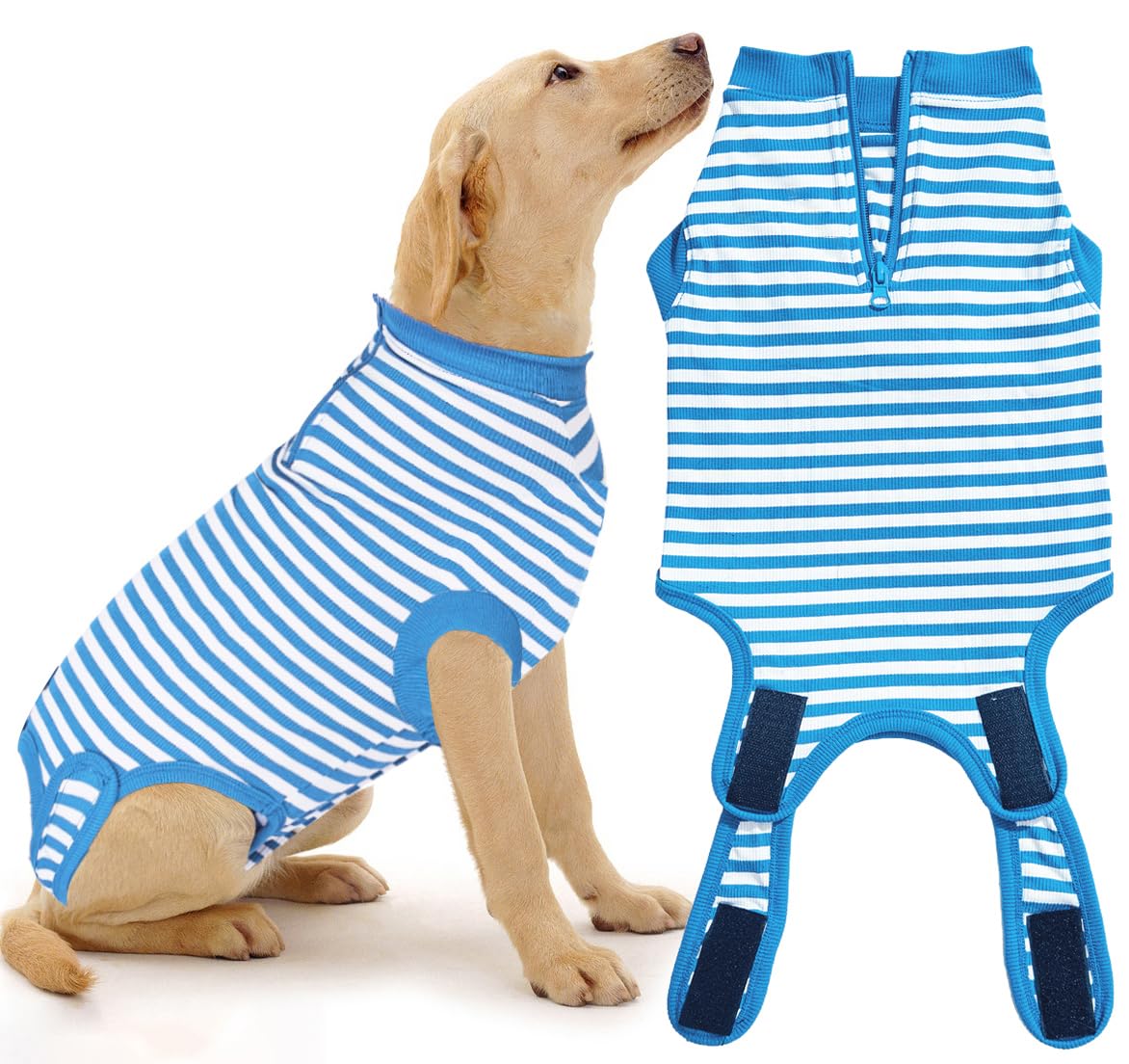 Wabdhally Dog Surgery Recovery Suit,Surgical Suit for Large Female Spay,Soft Combed Cotton,Blue Striped Zipper Onesie 3XL