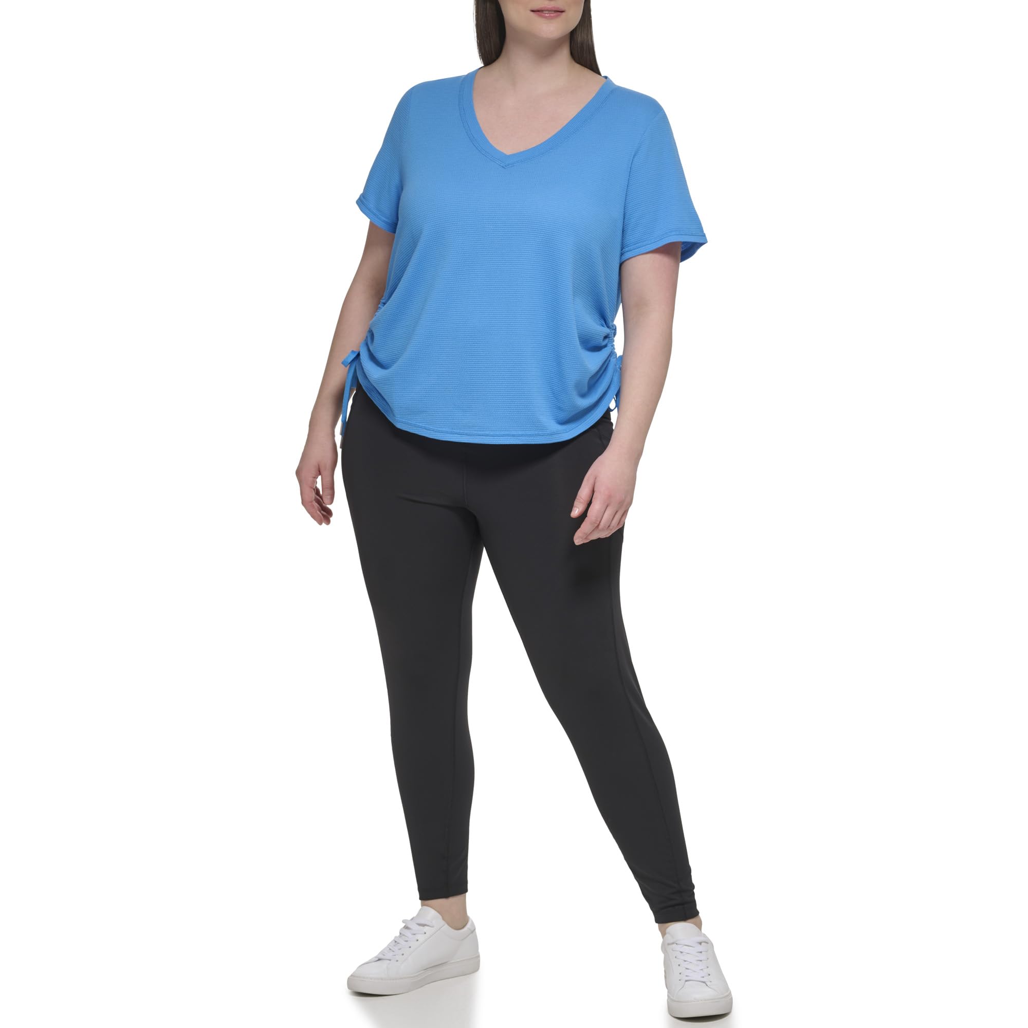 Calvin Klein Performance Women Plus Size Active Textured Pique Mesh Adjustable Side Ruching Top, Juniper, 3X