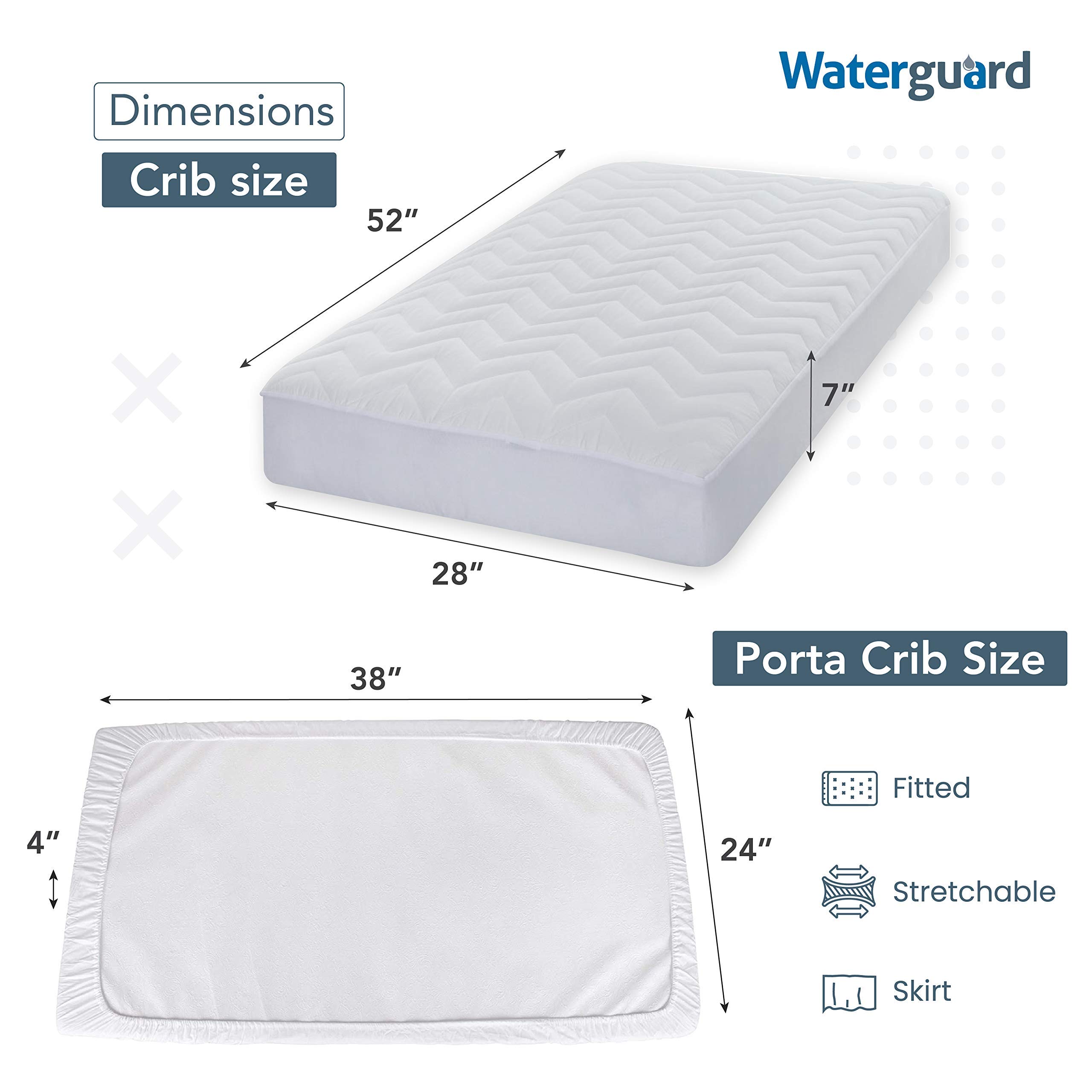Waterguard Quilted Cotton Mattress Pad - Crib Size - Soft, Comfortable, and Fluffy Mattress Pad - Waterproof Mattress Protector Stretched 7" for Snug Fit on Regular Sized Mattress.