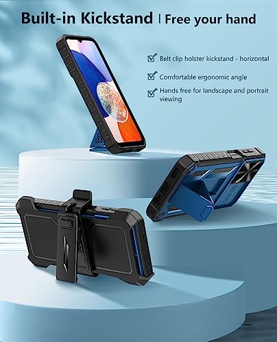 FNTCASE Case for Samsung Galaxy A14-5G: Protective Shockproof Rugged A14 Cell Phone Cover Cases with Belt Clip Holster Kickstand & Slide | Textured Tough Military Grade Drop Proof Protection - Blue