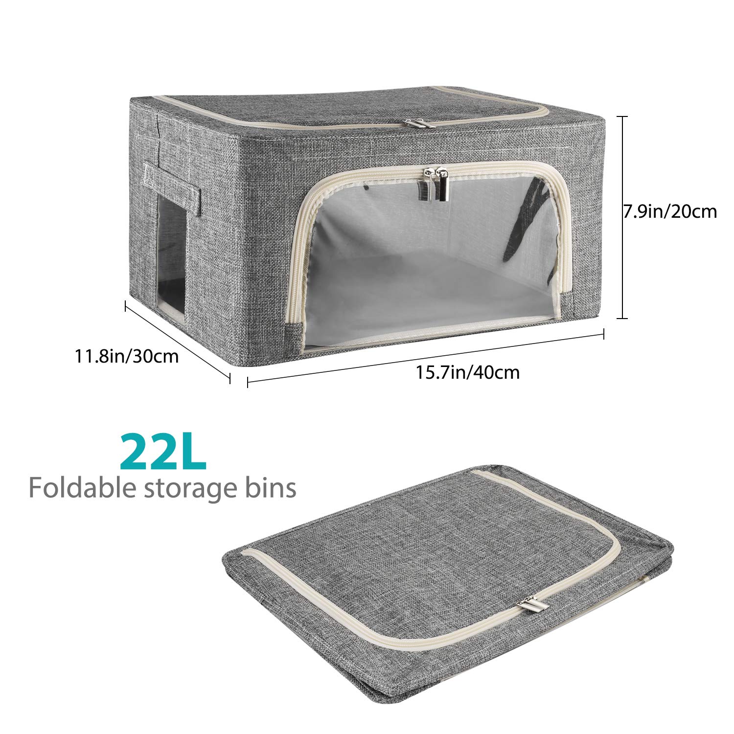 Awekris 2 Pack Storage Organization Bins with Clear Window & Carry Handles, Foldable Clothes Storage Basket, Great for Clothes, Blankets, Closets, Bedrooms, and More Medium (Grey)