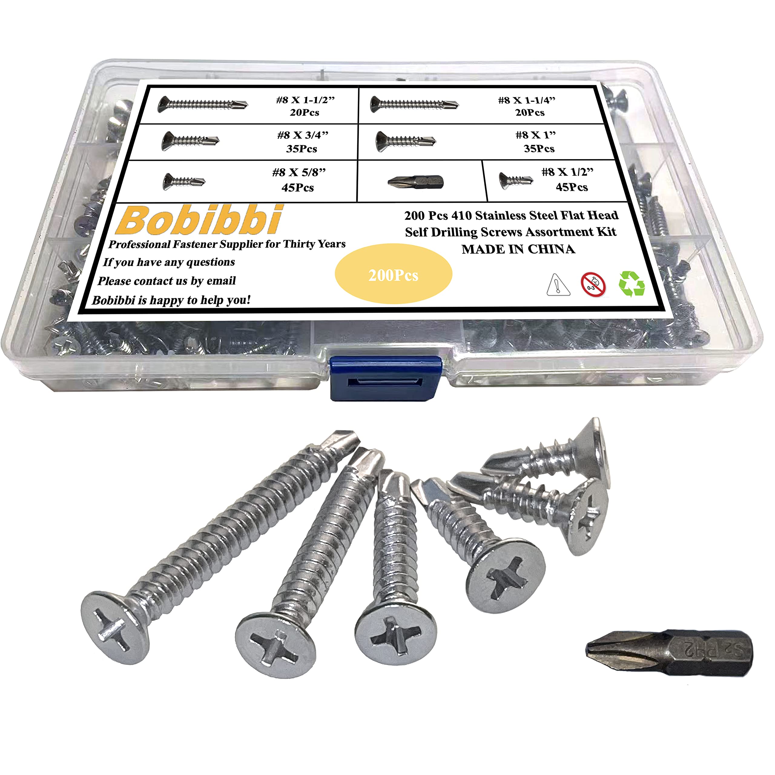 Bobibbi 410 Stainless Steel #8 Self Drilling Screw Assortment Kit, Flat Head Sheet Metal Screws - Size: #8 x 1/2'' - 1-1/2'' - Pack of 200
