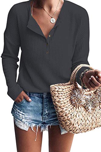 Glanzition Tops for Women Long Sleeve Casual V Neck Plain Loose Fit Sweaters Grey L