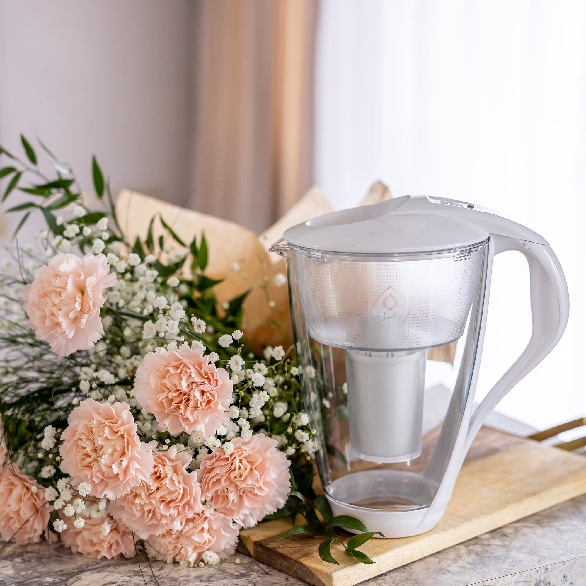 DAFI Glass Water Filter Pitcher with Alkaline Filter | 64 oz | waterdrip Water Purifier for Drinking Water, Clearly Filter jug, Water purifer | White LED, BPA-Free | Made in Europe
