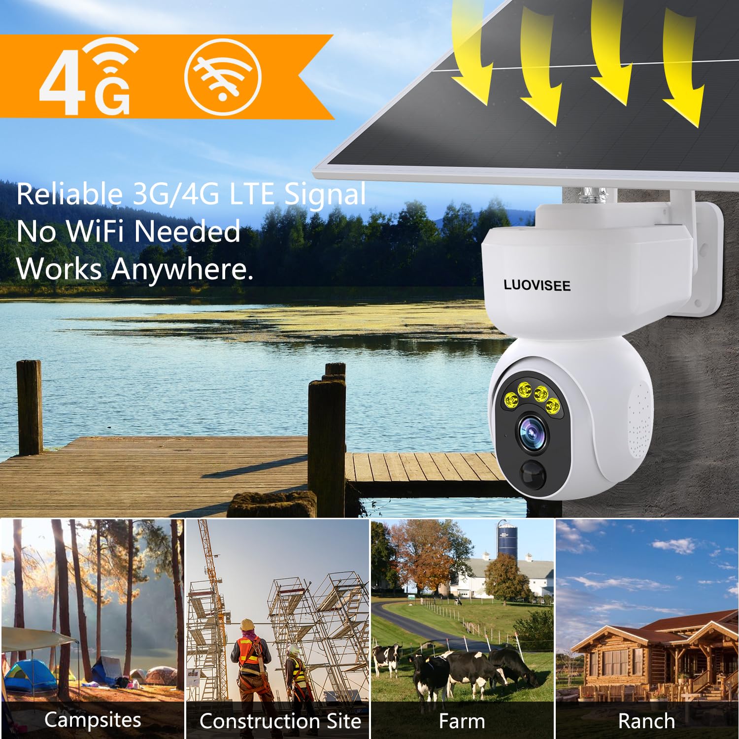 Cellular Security Camera Wireless Outdoor Solar 3G/4G LTE,Solar Power Battery No Need WiFi Cellular Trial Camera,PTZ 360 View,IP65 Weatherproof,PIR Motion Detection,Colorful Night Vision,2-way Talk