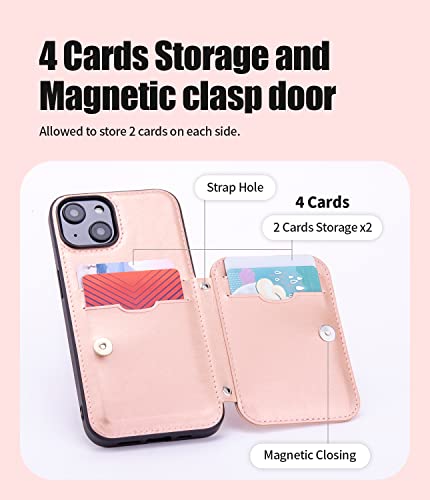 GOOSPERY Rich-Fit iPhone 14 Crossbody Wallet Case for iPhone 14 Case [Strap Included] with Card Holder Lanyard Magnetic Clasp [Kickstand Ring] Heavy Duty Protection, Rose Gold
