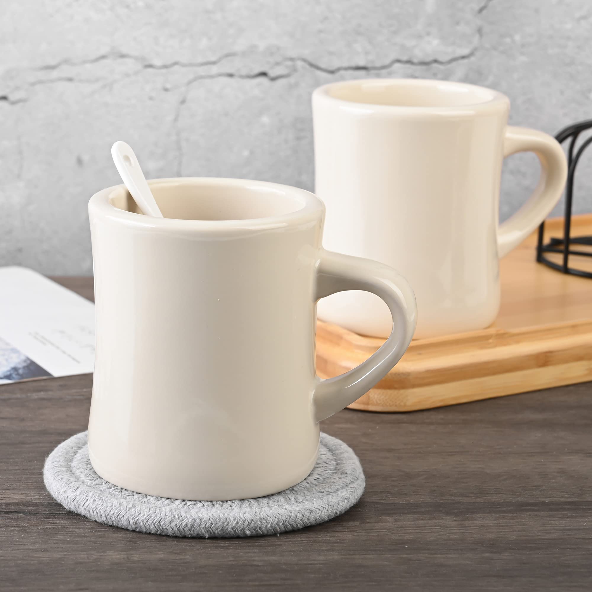 BYCNZB 11oz Ceramic Diner Coffee Mug set Stoneware Coffee Cups Set for Restaurant, Diner, Farmhouse, Coffee Shop, Home set of 4 with Coffee spoons and Woven Coasters (Cream)