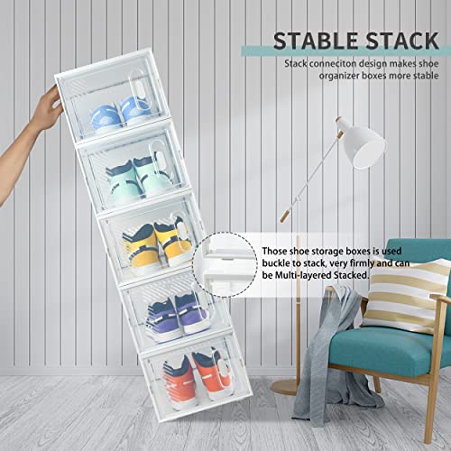 Hrrsaki 8 Pack X-Large Shoe Storage Boxes, Shoe Boxes Clear Plastic Stackable, Shoe Organizer Boxes with Front Opening Lids, Ventilation and Dust-proof, Shoe Container Boxes for Closet, Bedroom, Bathroom, Fit for Women/Men Size 14(14β x 11β x 8.3β) (white