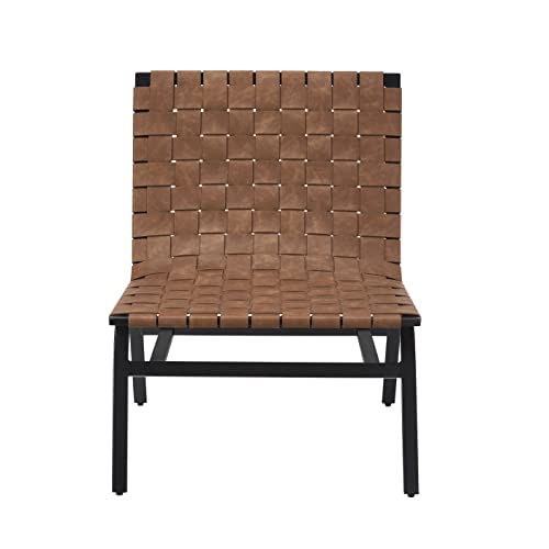 Ball & Cast Mid Century Accent Chair Faux Leather Strap Armless Lounge Chair with Metal Frame, Brown