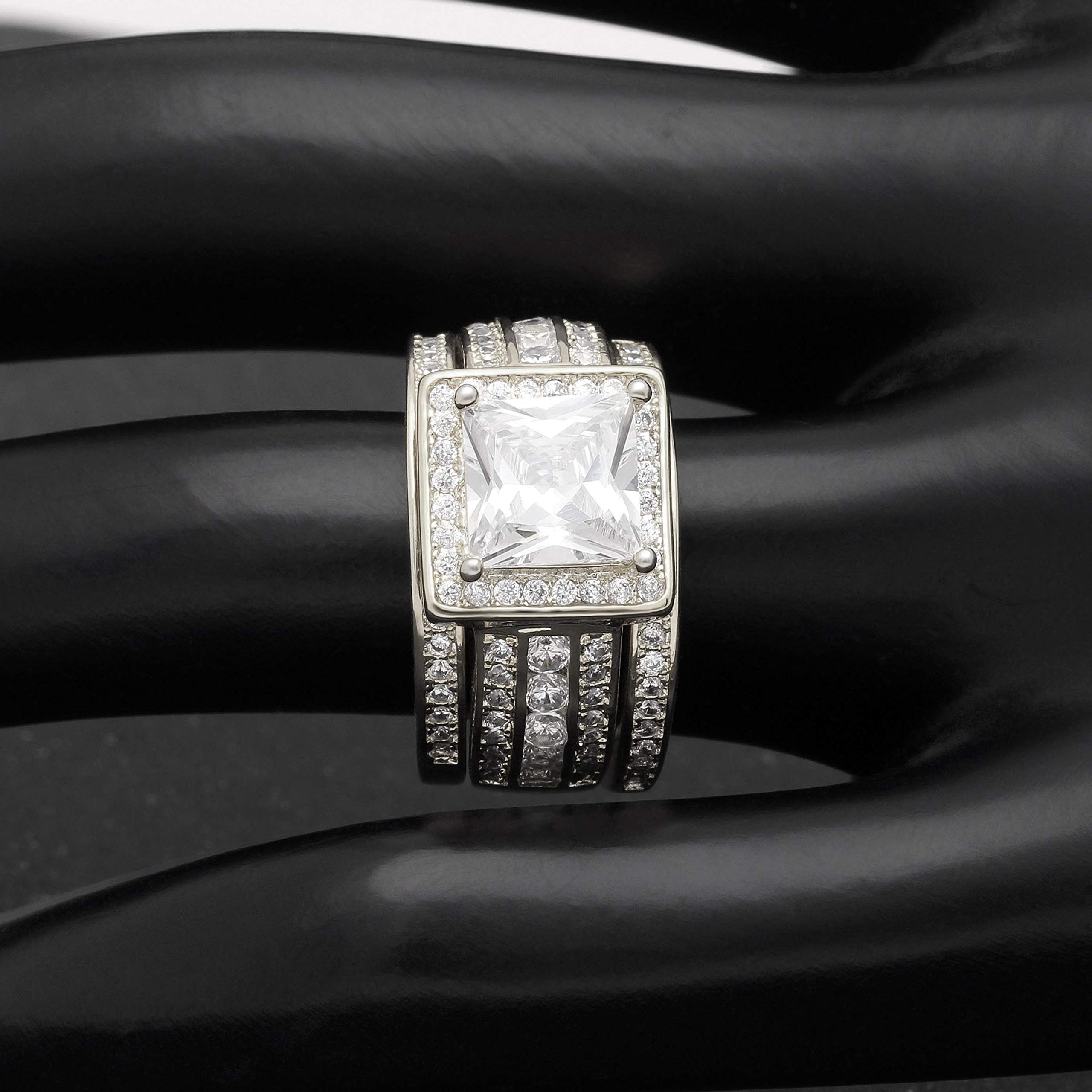 Beverly Bridal Wedding Ring Set For Women 3 Piece Large Engagement Ring Two Matching Anniversary Bands Square Halo Design White Gold Plated Cubic Zirconia Princess Cut Center Stone