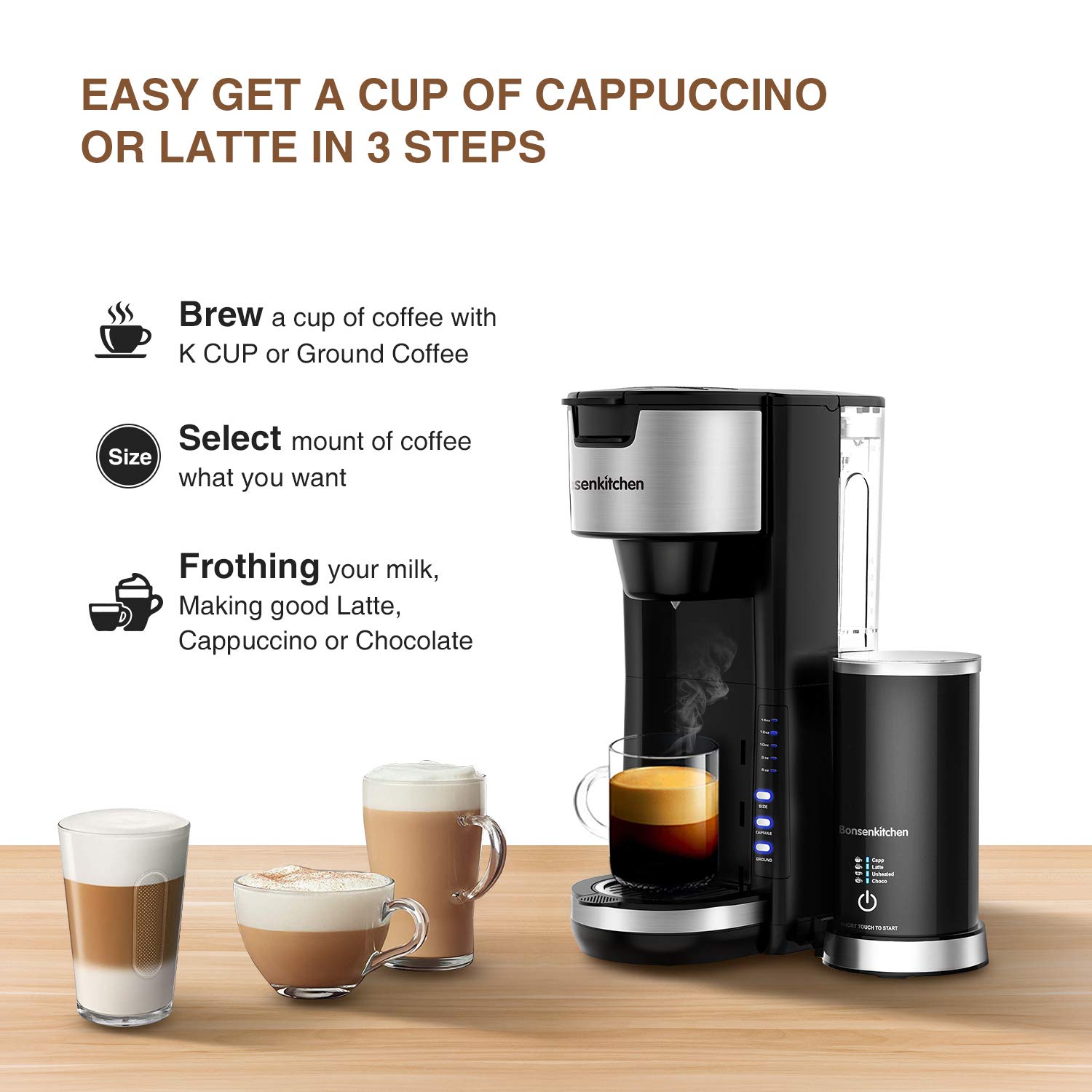 Bonsenkitchen Singles Serve Coffee Makers With Milk Frother, 2-In-1 Coffee Machine For K Cup Pod & Coffee Ground, Latte and Cappuccino Maker, Built in Portable Electric Milk Steamer