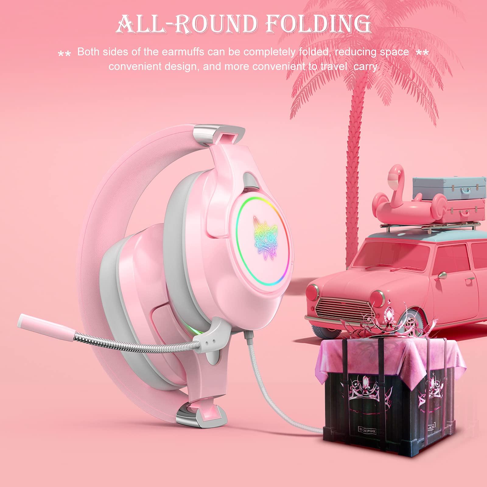 HOLULU Foldable Pink Gaming Headset Compatible with PS5 PS4 PC Mobile Phone Tablet Xbox One(Adapter Not Included), with Detachable Noise Canceling Mic, 3.5mm & USB C Plug, for Adults & Kids