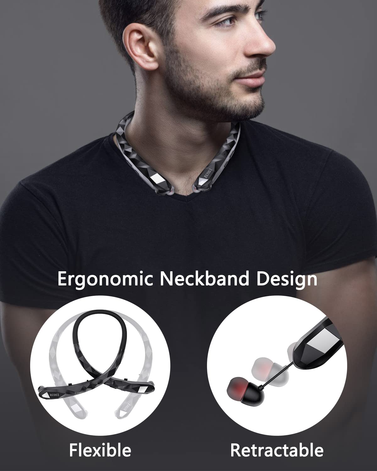 Bluetooth Headphones, Bluetooth 5.0 Neckband Wireless Headphones with CVC 8.0 Mic & Retractable Earbuds, Stereo Headset Earphones Compatible with iPhone Sony Samsung Android (Black)