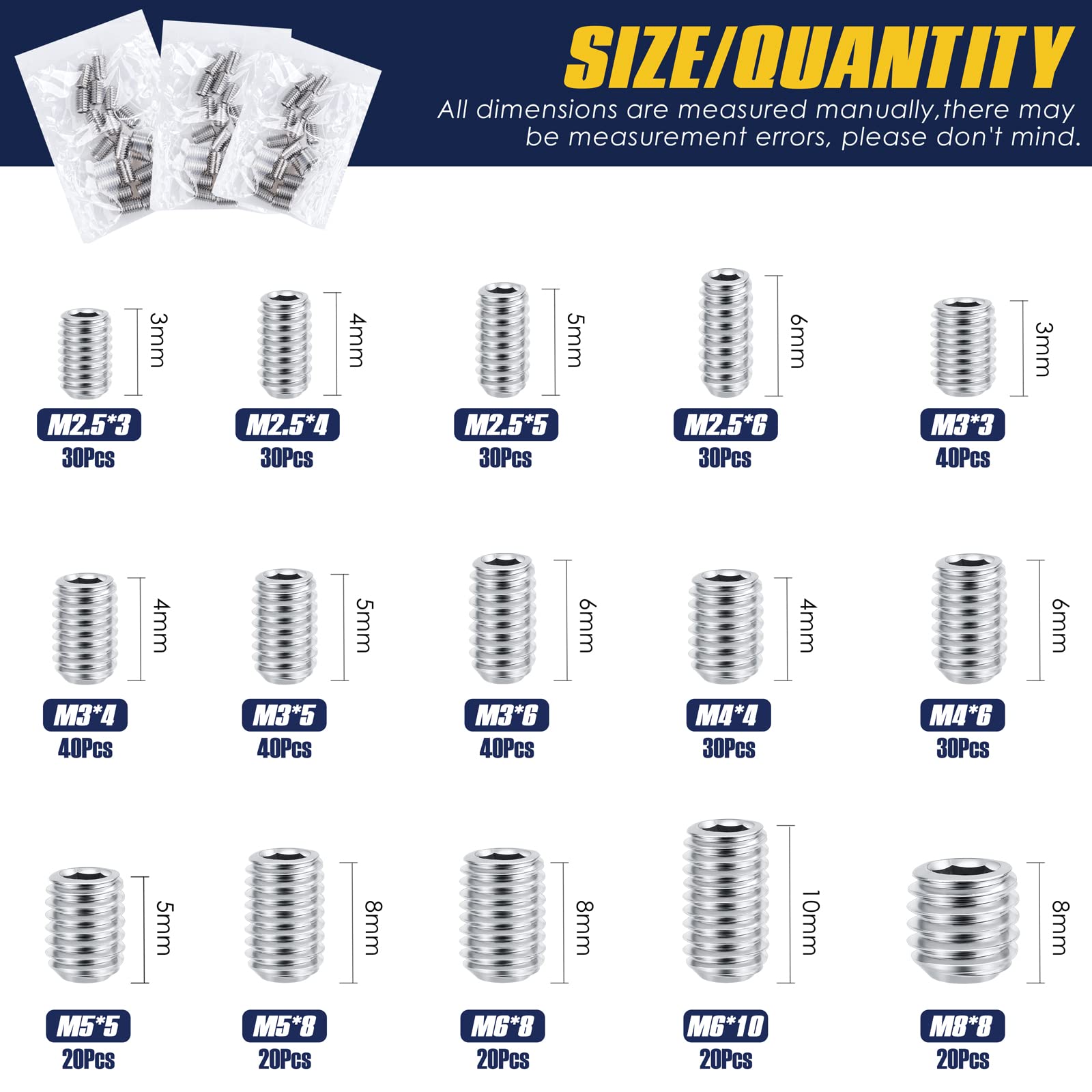 Bonost 440Pcs Set Screw Assortment Kit Metric - M2.5 M3 M4 M5 M6 M8 Stainless Steel Hex Allen Head Socket Grub Screw, Small Set Screws for Door Handles, Bathroom Fixture