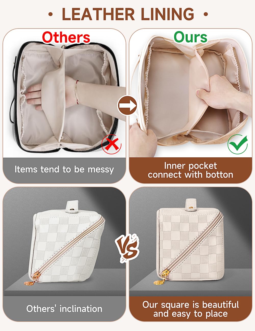Cessfle Large Capacity Travel Cosmetic Bag, Travel Makeup Bag, Checkered Makeup Bag Open Flat Toiletry Bag Leather Waterproof Flat Lay Makeup Organizer Bag with Handle and Divider for Women