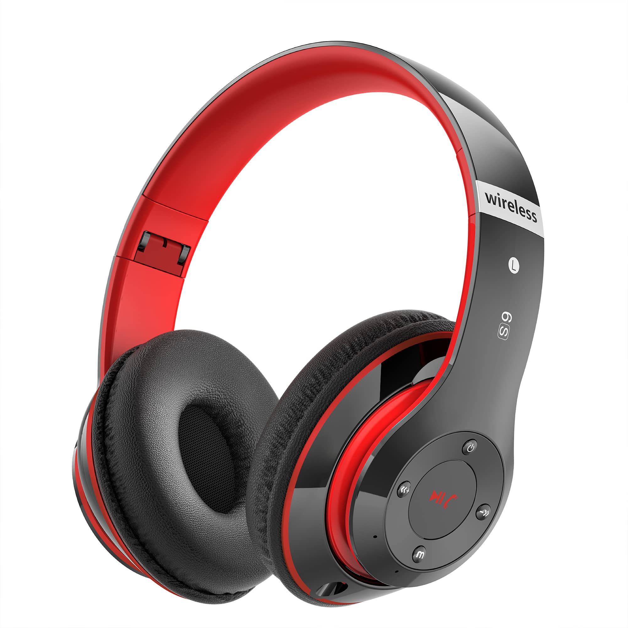 Bluetooth Headphones Over Ear, 6S Foldable Wireless Headphones with 6 EQ Modes, 40 Hours Playtime HiFi Stereo Headset with Mic, Soft Ear Pads, TF/FM for Cellphone/PC/Home (Black & Red)