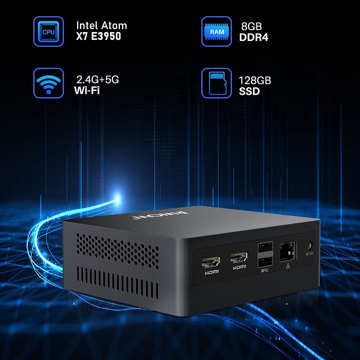 AWOW Mini PC Intel Atom x7-E3950, Mini Desktop Computer 8GB DDR4 128GB SSD 4K@30Hz, HDMI x2, Dual Band WiFi, USB x4 Gigabit Ethernet, BT