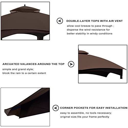Eurmax USA High Performance Replacement Canopy Top for Lowe's Allen Roth Heavy Duty Gazebo Roof Gazebo Top with Air Vent 10X12 Gazebo Cover #GF-12S004B-1, Replacement Top Only(Brown)