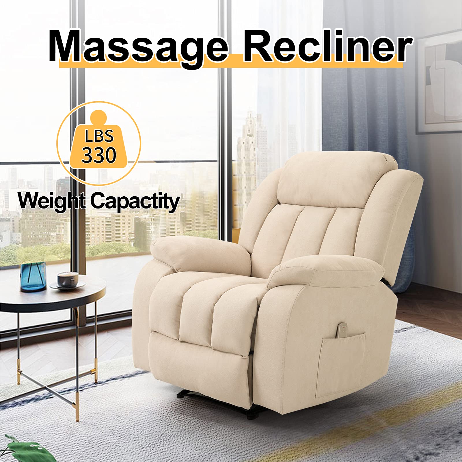 HOMHUM Massage Recliner Chair Fabric Heated Ergonomic Lounge Chair for Living Room Overstuffed Reclining Chair Single Sofa, Remote Control, Beige
