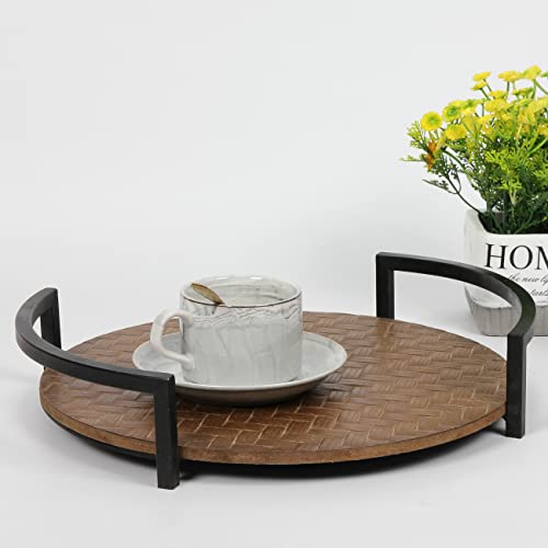 Farmhouse Round Decorative Tray,Wood Serving Tray with Metal Handles, Rustic Ottoman Coffee Table Accent Tray, Centerpieces for Table (Natural Brown)