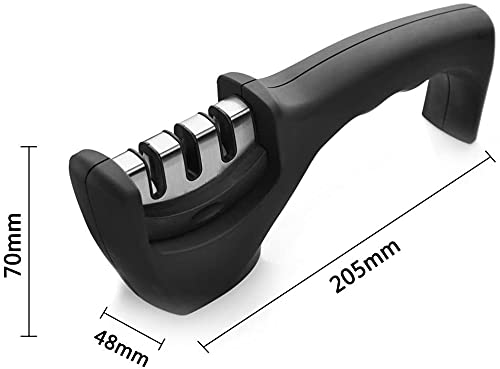 Bectim Knife Sharpener Kitchen Knife Sharpening with 3 Stages: Emery, Wolfram Steel, Ceramic Notch for Sharpening Straight Blades from Blunt to Razor Sharp (Black)