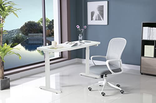 FARRAY Glass Standing Desk with Wireless Charging, 45 x 23 Inch Dual Motor Electric Height Adjustable Desk with Drawer, Touch Control Panel, Power Strip & USB Ports, White Sit Stand Desk