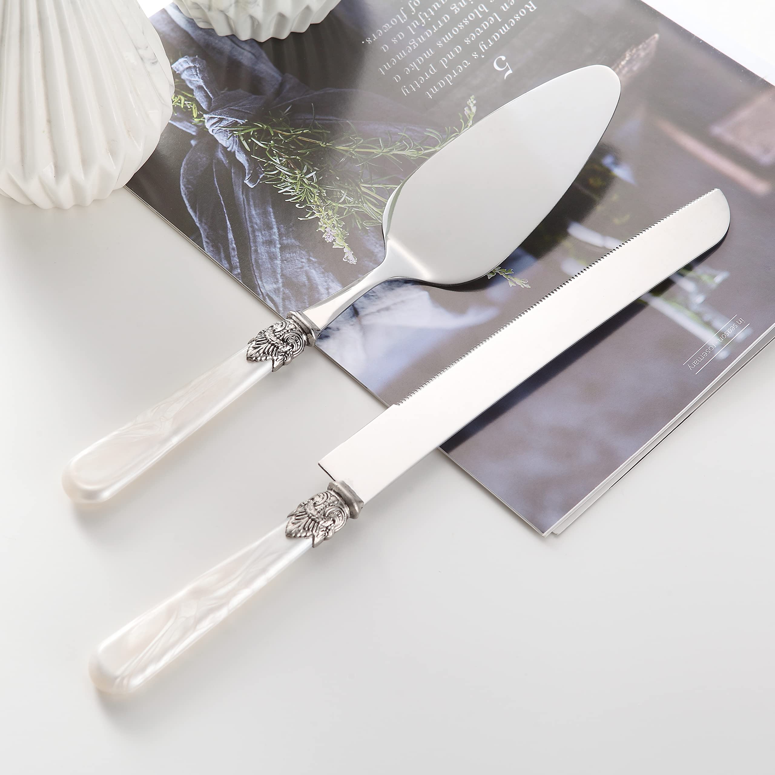 CATHYLIN Wedding Cake Knife and Serve Set, Fancy Hand Craft Italian Style Design, White Pearl Pie Knife Server Set, Vintage Silverware,Cake Cutter Set, Cake Knife Gift Set, 2 pcs